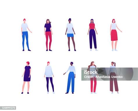캐주얼 여성 패션 컨셉 벡터 플랫 사람 그림 집합입니다 흰색에 고립 된 전체 얼굴에 서 다른 민족의 여성 배너 인포그래픽 포스터 웹 배경에 대한 디자인 요소 등장인물에 대한