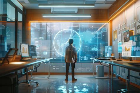 Modern Futuristic Office Workspace With Holographic Interfaces And Technology Stock