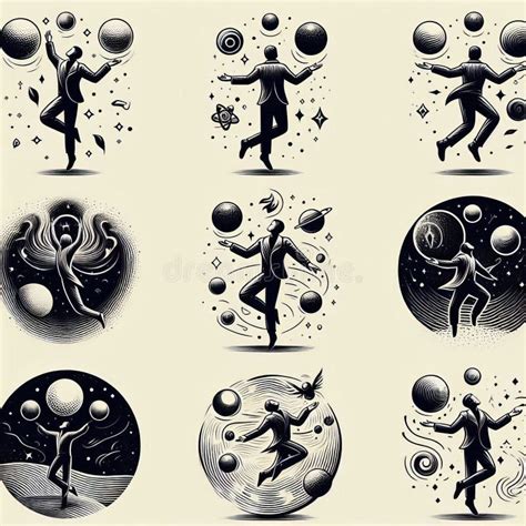 Variants Of Illustrations Man Dancing With Floating Objects Stock