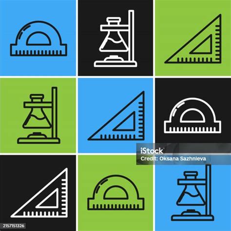 각도 측정을위한 각도기 그리드 삼각형 눈금자 및 유리 시험관 플라스크 On Fire 아이콘을 설정합니다 벡터 각도에 대한 스톡 벡터 아트 및 기타 이미지 Istock