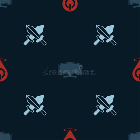 Set Power Button Computer Monitor And Sword For Game On Seamless Pattern Vector Stock