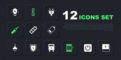 전원 버튼 전기에 관한 책 전기 연장 와이어 케이블 릴 납땜 인두 번개 및 방패 Led 전구 및 미터 아이콘을 설정합니다 벡터