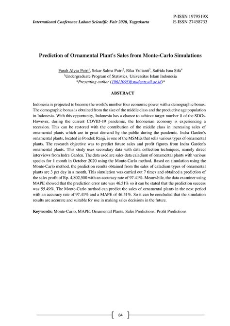 Prediction Of Ornamental Plants Sales From Monte Carlo Simulations P Issn 1979519x