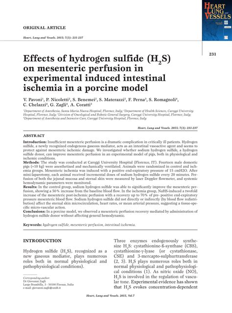 Pdf Effects Of Hydrogen Sulfide H2s On Mesenteric Perfusion In