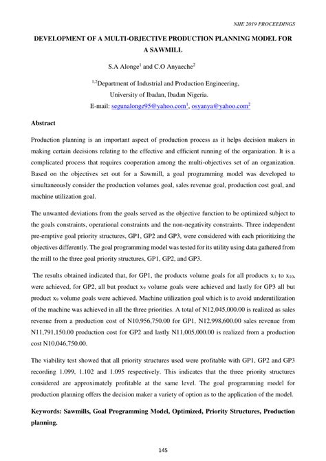 Pdf Development Of A Multi Objective Production Planning Model For A