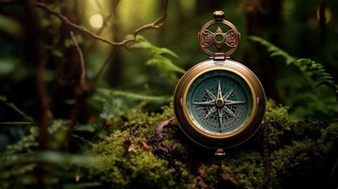 Premium Ai Image Compass With A Green Leaf In The Woods