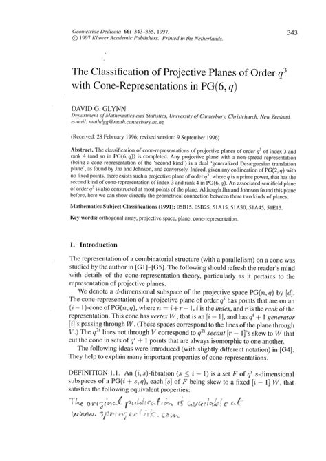 Pdf The Classification Of Projective Planes Of Order Q3 With Cone Representations In Pg6 Q