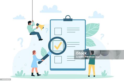 온라인 설문 조사 체크리스트 및 결과가있는 테스트 양식 확대경을 들여다 보는 작은 사람들 설문지에 대한 스톡 벡터 아트 및 기타 이미지 Istock