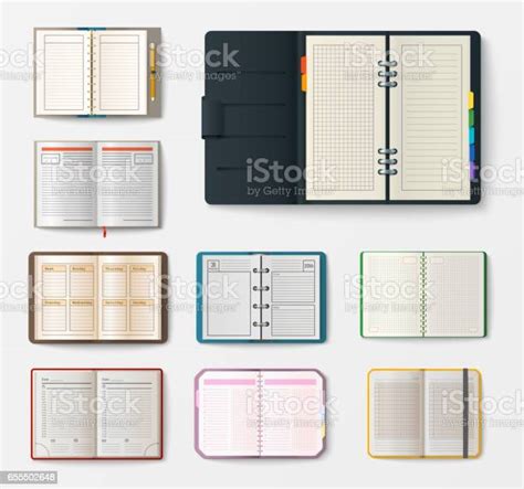 오픈 현실적인 노트북 페이지 일기 사무실 시트 템플릿 책자와 빈 종이 교육 카피북 주최자 벡터 일러스트 레이 션의 설정 가리기에 대한 스톡 벡터 아트 및 기타 이미지