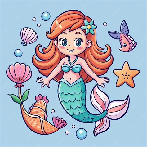 Adorable Mermaid Surrounded By Seashells Cartoon Vector Premium Ai