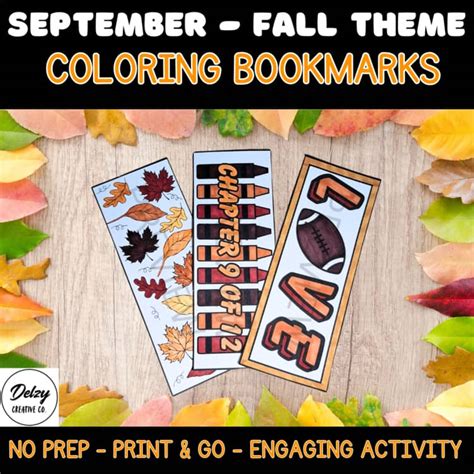 Printable September Fall Autumn Theme Coloring Bookmarks Reading Activity