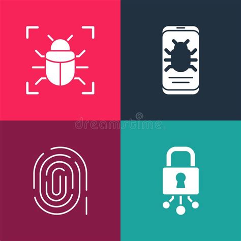 Set Pop Art Cyber Security Fingerprint System Bug On Mobile And Icon Vector Stock Vector