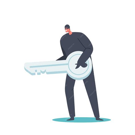 Premium Vector Thief Character Breaking Lock With Huge Key Masked Robber Broke Down Keyhole