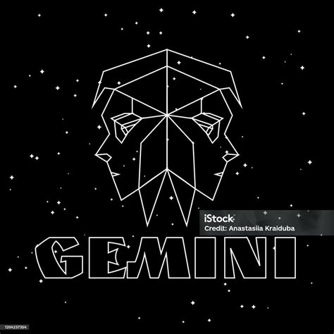 검은 별이 빛나는 하늘 배경에 추상 다각형 조디악 기호 쌍둥이 자리 쌍둥이에 대한 스톡 벡터 아트 및 기타 이미지 쌍둥이