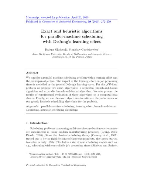 Pdf Exact And Heuristic Algorithms For Parallel Machine Scheduling