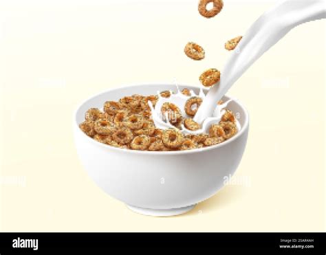 A Bowl Of Ring Cereals Or Cheerios With Pouring Milk Splashes 3d
