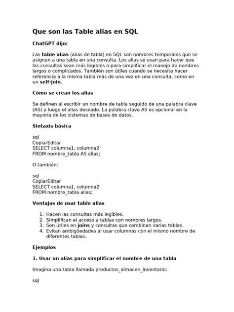 11 Que Son Las Table Alias En Sql Pdf Sql Programación De