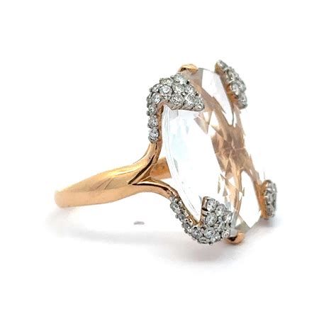 18k Yellow Gold Casato Diamond Prong And Large Faceted White Quartz