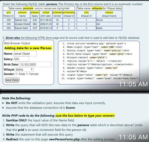Solved Given The Following Mysql Table Persons The Primary