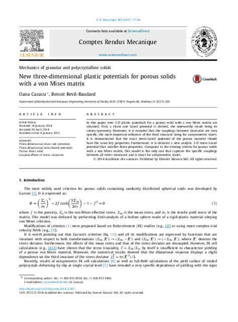 Pdf New Three Dimensional Plastic Potentials For Porous Solids With A