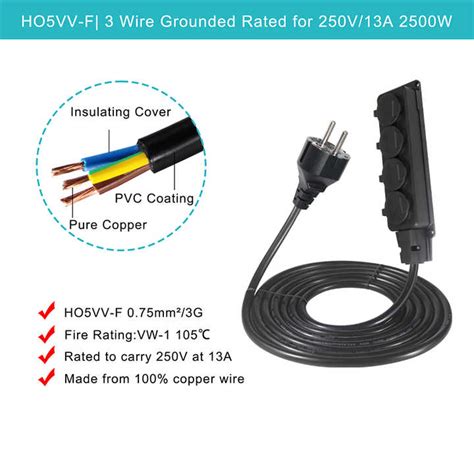 유럽 Schuko 코드 어댑터 유형 F 플러그 케이블 전원 소켓 4x 콘센트 Eu 연장 코드