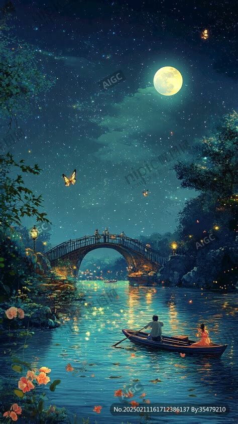 Ai创作图星月河幻想插画 插画夜景湖泊 鹊桥相会七夕节情人节 七夕鹊桥相会 意境鹊桥 虎溪夜月景点插画 奈何桥插画 夕鹊桥会 小桥圆月 蓝月夜梦幻唯美奇幻 月色古风 古风场景插画 手绘串月桥