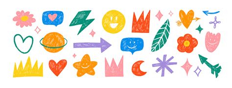 펑키하고 순진한 낙서 모양과 스티커를 다채로운 어린이 스타일로 만듭니다 크레용으로 그린 낙서 모양과 인물은 어린아이 같은 콜라주를 만듭니다 손으로 그린 순진하고 기괴한 추상