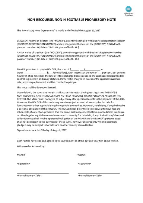 Non Recourse Loan Agreement Template