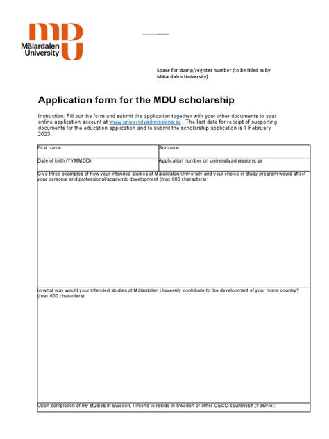 Application For The Mdu Scholarship 2023 Pdf