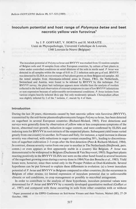 Pdf Inoculum Potential And Host Range Of Polymyxa Betae And Beet