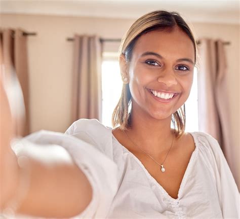 Premium Photo Woman Portrait Smile And Selfie For Profile Picture Vlog Or Social Media Post At