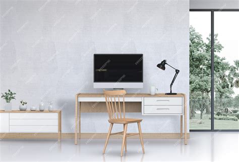 책상 데스크톱 컴퓨터와 인테리어 현대 거실 작업 공간 프리미엄 Psd 파일