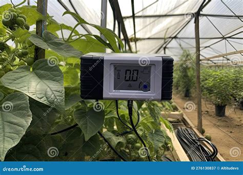 iot sensor measuring temperature and humidity in greenhouse stock