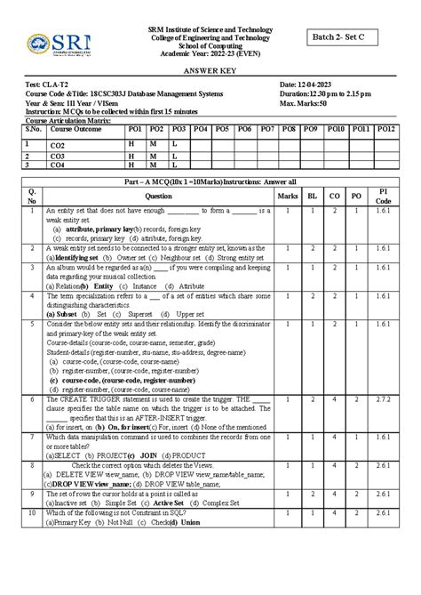 Ct 2 Batch 2 Set C Answer Key Srm Institute Of Science And Technology College Of