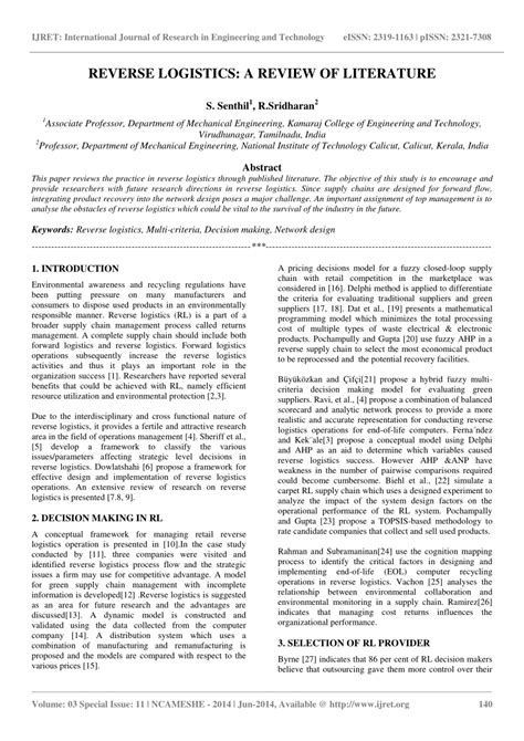 Pdf Reverse Logistics A Review Of Literature