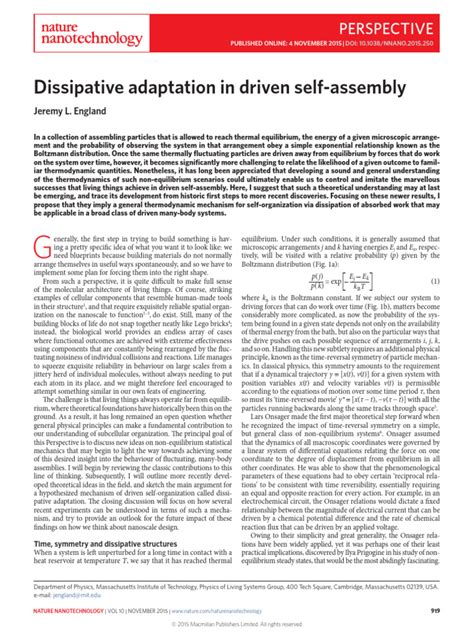England 2015 Dissipative Adaptation In Driven Self Assembly Pdf