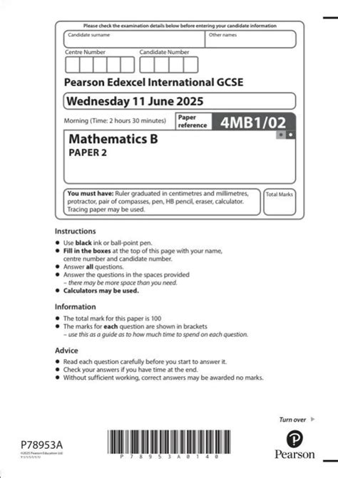 Pearson Edexcel Igcse Mathematics B Paper 2 4mb1 Actual Question Paper June 2025 H4mb1