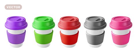 백색 색깔 배경에 고립된 모자와 가진 현실적인 서류상 커피 잔 세트의 벡터 Illustration 다른 색상의 3d 스타일 만화 디자인은 커피 컵을 가져갑니다 길거리 패스트