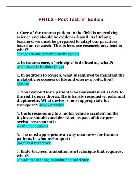 Phtls Post Test 8th Edition Questions And Answers 2023 Verified Answers Phtls Stuvia Us