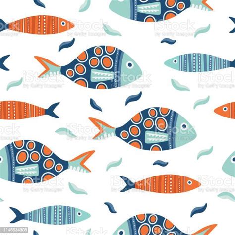 물고기와 해 초 손으로 그려진 된 완벽 한 패턴입니다 스칸디나비아 스타일의 해양 배경 0명에 대한 스톡 벡터 아트 및 기타 이미지 0명 귀여운 그래픽 프린트 Istock