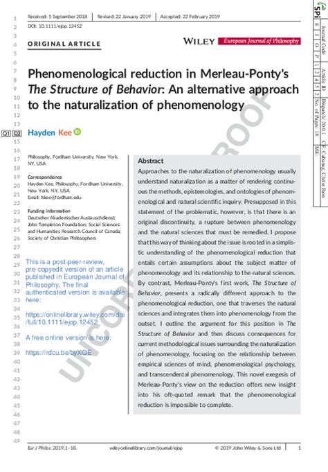 Pdf Phenomenological Reduction In Merleau Pontys The Structure Of
