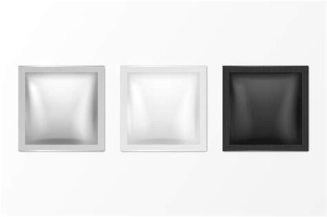 벡터 3d 현실적인 호일 흰색과 검은색 사각형 슬림 빈 포장 아이콘 세트 근접 촬영 격리 된 커피 차 소금 설탕 향신료 젖은