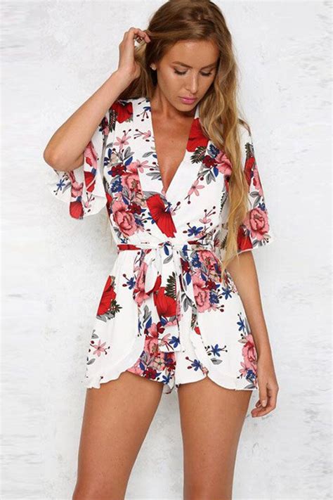 White V Neck Floral Pattern Ruffle Trim Tie Waist Romper Rompers