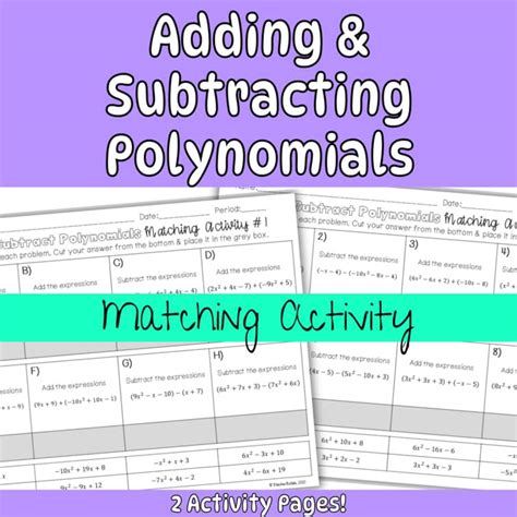 Adding And Subtracting Polynomials 2 Matching Activities Secondary Math