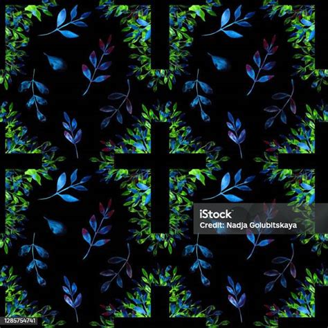 녹색 수채화 꽃 종교 십자가와 검은 배경에 파란색 단풍 매끄러운 패턴 가톨릭 과 정교회 일러스트 부활절 침례 첫 번째 친교 끝없는 인쇄 기독교 벽지 검은색에 대한 스톡 벡터
