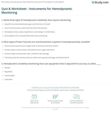 Quiz And Worksheet Instruments For Hemodynamic Monitoring
