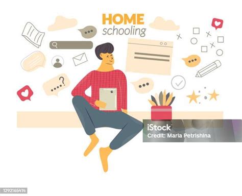 홈 스쿨링의 개념 온라인 교육 과정 E러닝 거리 학습 젊은 남자 온라인 집에서 태블릿공부 하는 학생 개념에 대한 스톡 벡터 아트 및 기타 이미지 Istock