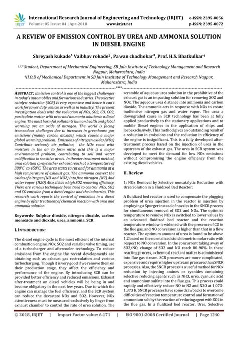 Irjet A Review Of Emission Control By Urea And Ammonia Solution In Diesel Engine Pdf