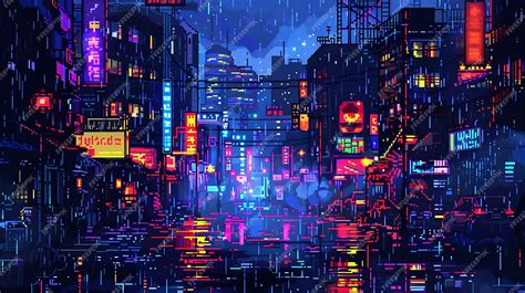 Premium Photo Neon Cityscape Glows Under A Rainy Night Sky Pixel Art