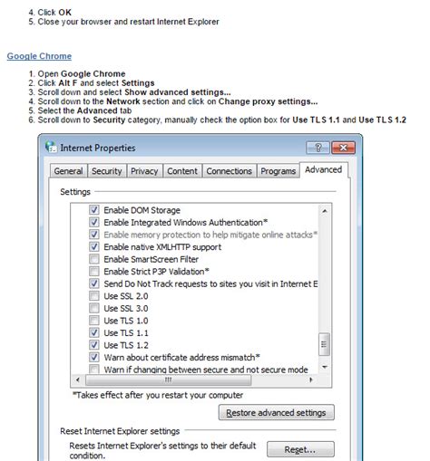 Browser Settings Enable TLS And Or TLS Protocols HighMarks
